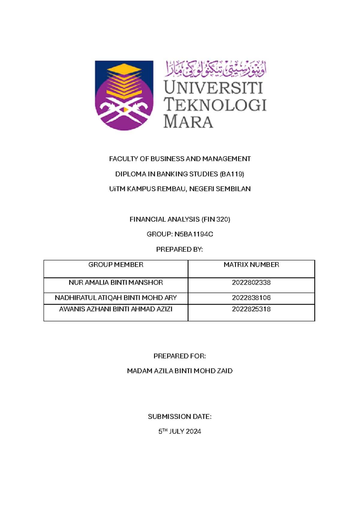 Assignment fin 320 - FACULTY OF BUSINESS AND MANAGEMENT DIPLOMA IN ...