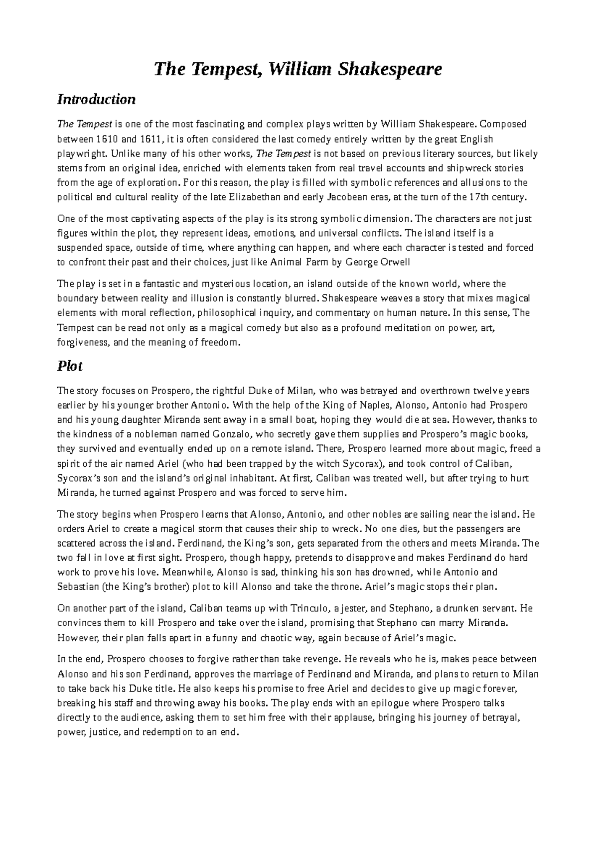 Relazione: The Tempest (ENG 101) Analysis and Themes - Studocu