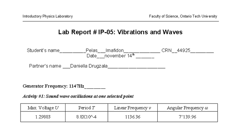 Lab Report: Vibrations and Waves PHYS 1010 - Ontario Tech University - Studocu