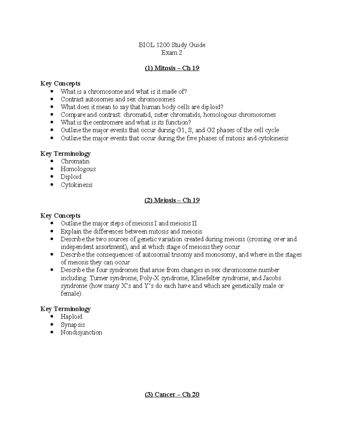 BIOL 1200 Exam 2 Study Guide: Mitosis, Meiosis & Inheritance Patterns ...