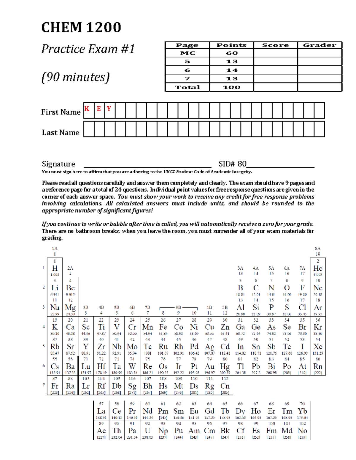 Practice Exam 1 Grading KEY - CHEM 1200 Practice Exam (90 minutes ...