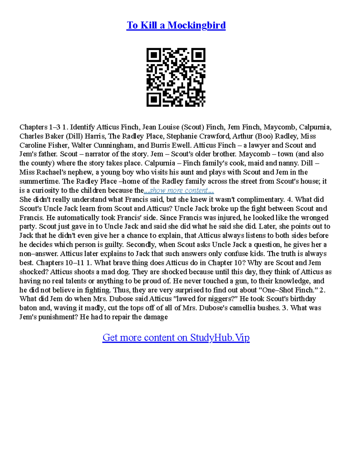To Kill A Mockingbird: Comprehensive Essay Questions and Answers - Studocu