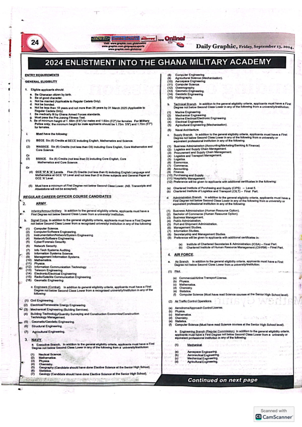 Ghana Military Academy Enlistment Requirements 2024 Guide - Studocu