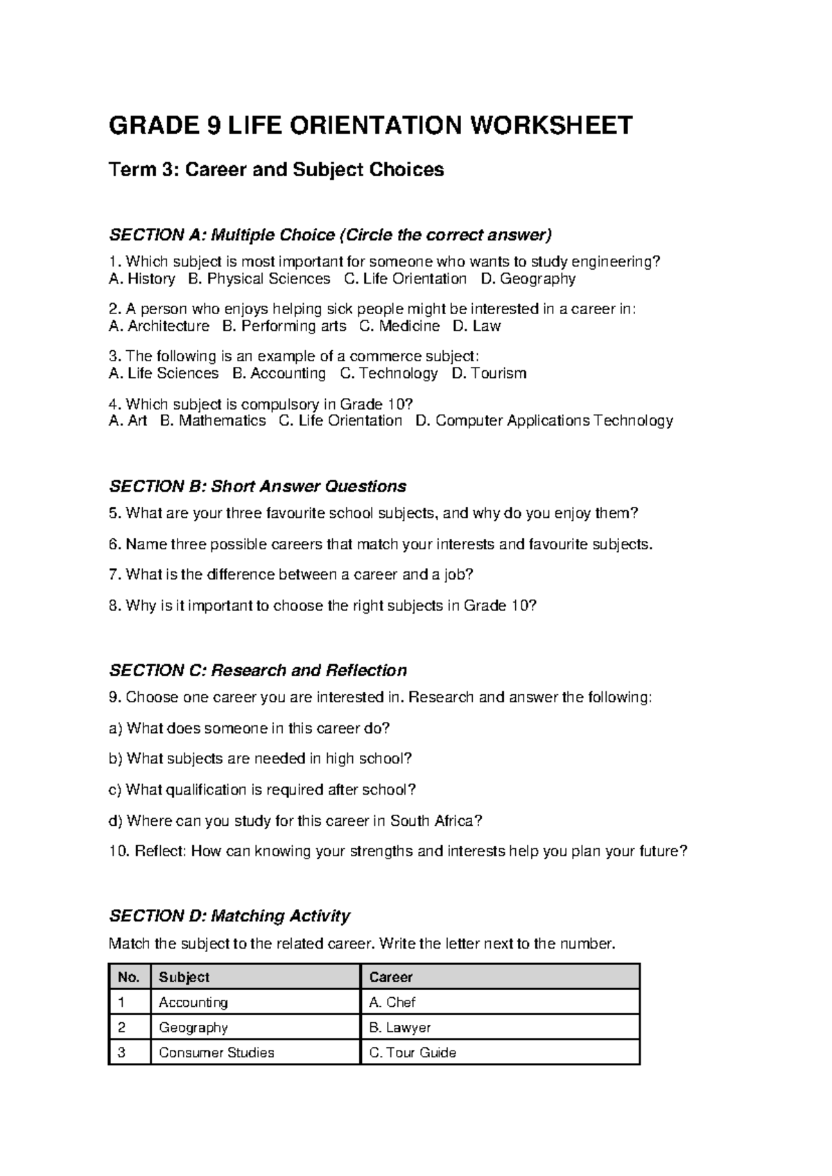 GRADE 9 LIFE ORIENTATION WORKSHEET: Career & Subject Choices - Studocu