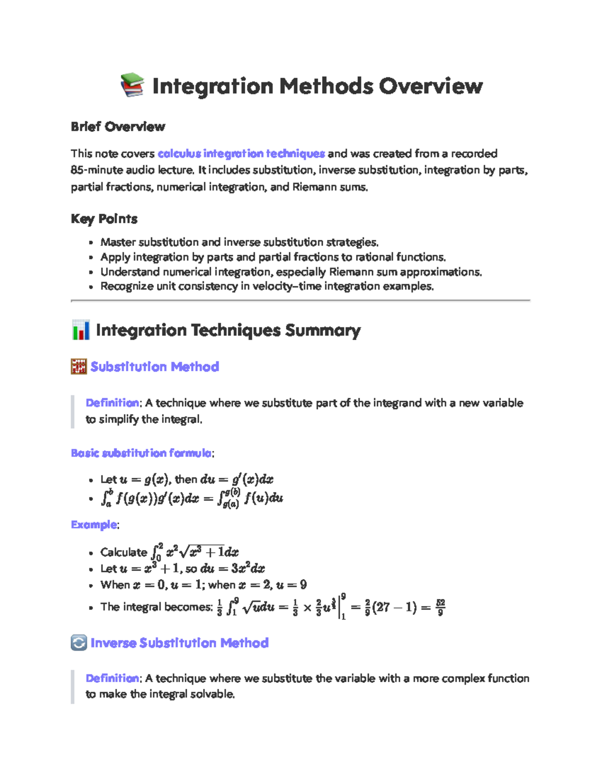 Calculus Integration Techniques Overview: Methods & Key Points - Studocu