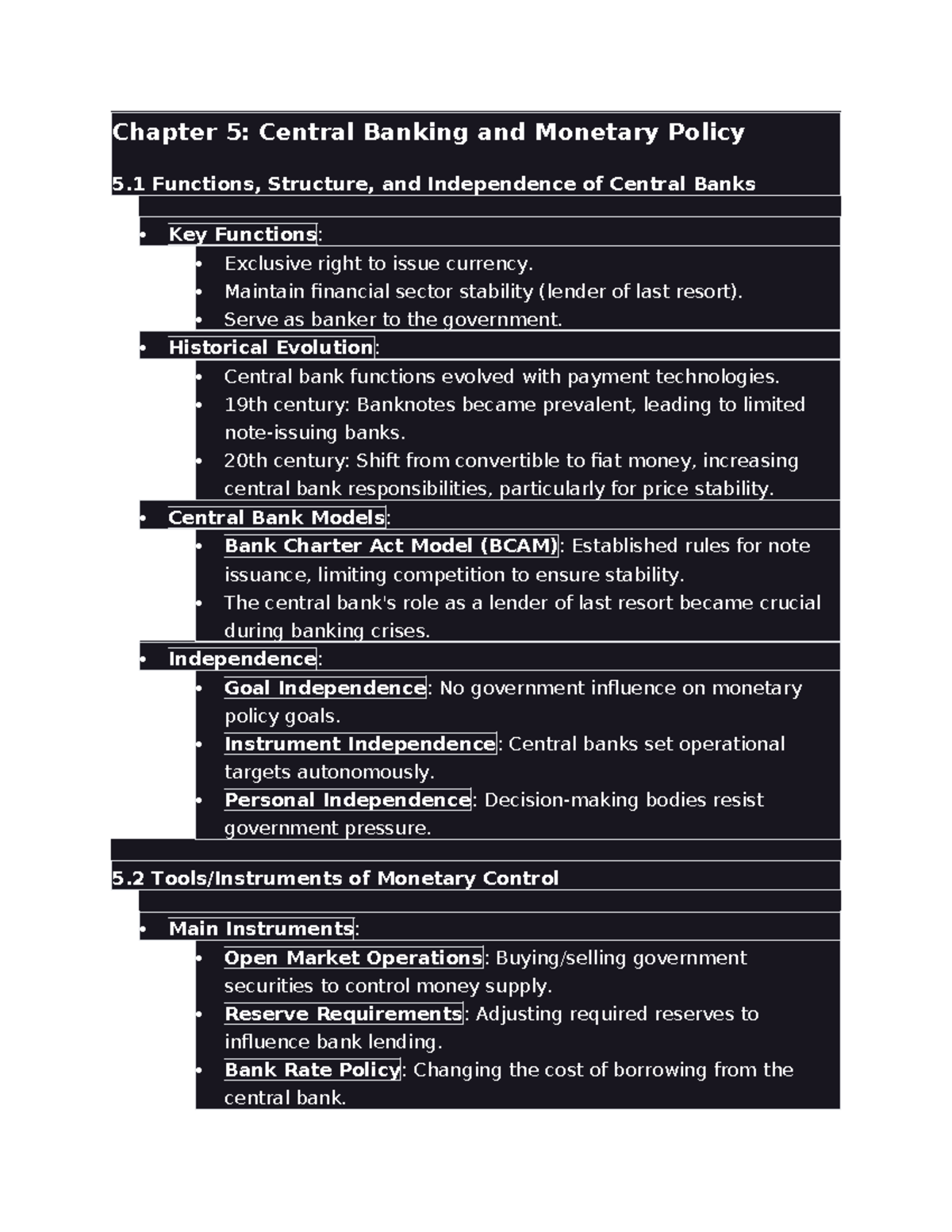 Chapter 5: Central Banking & Monetary Policy Overview Notes - Studocu