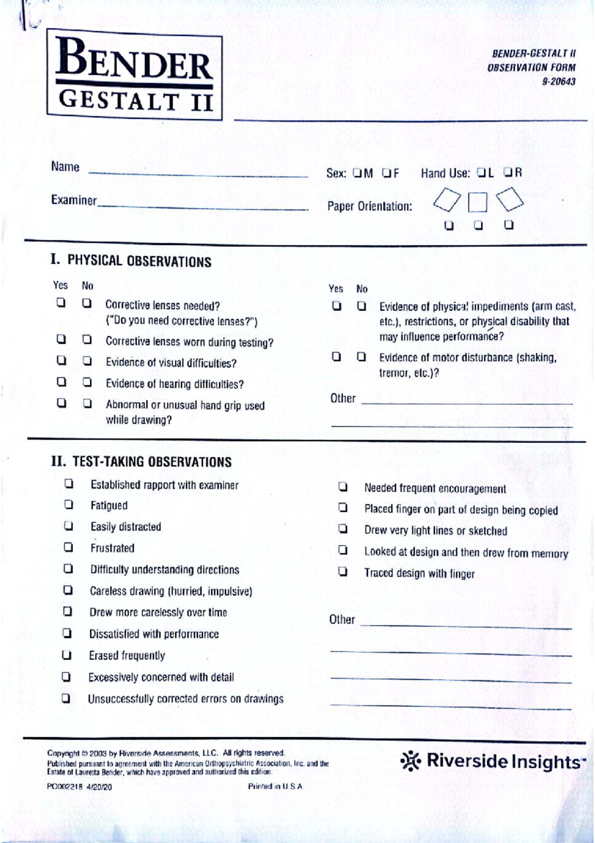 BGT Observation Form: Motor & Perception Test Analysis - Studocu