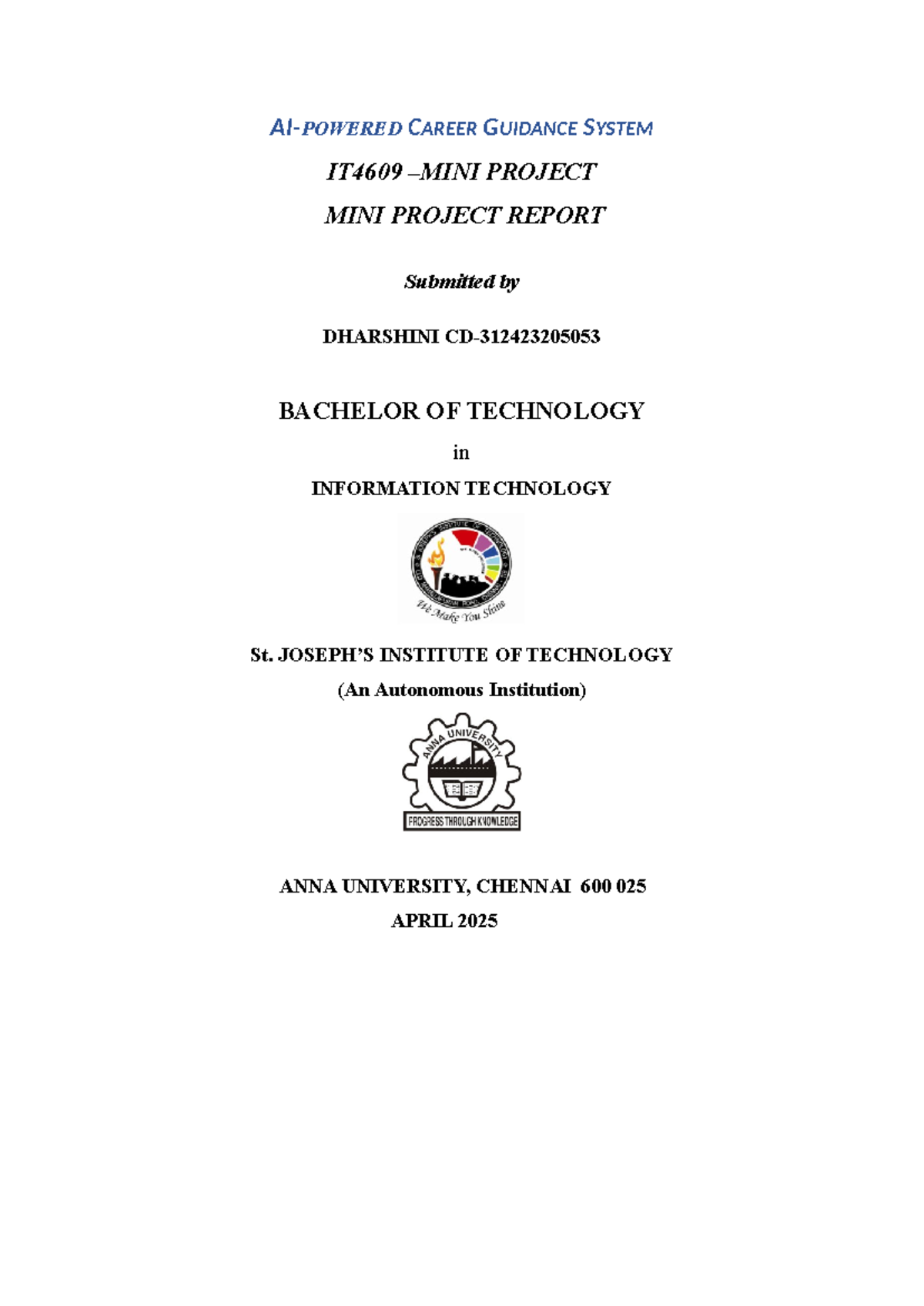 AI-Driven Career Guidance System: IT4609 Mini Project Report - Studocu