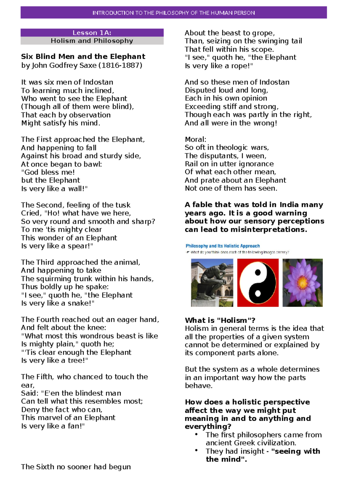 Philosophy of the Human Person: Insights from Saxe's Fable - PHILO1 ...