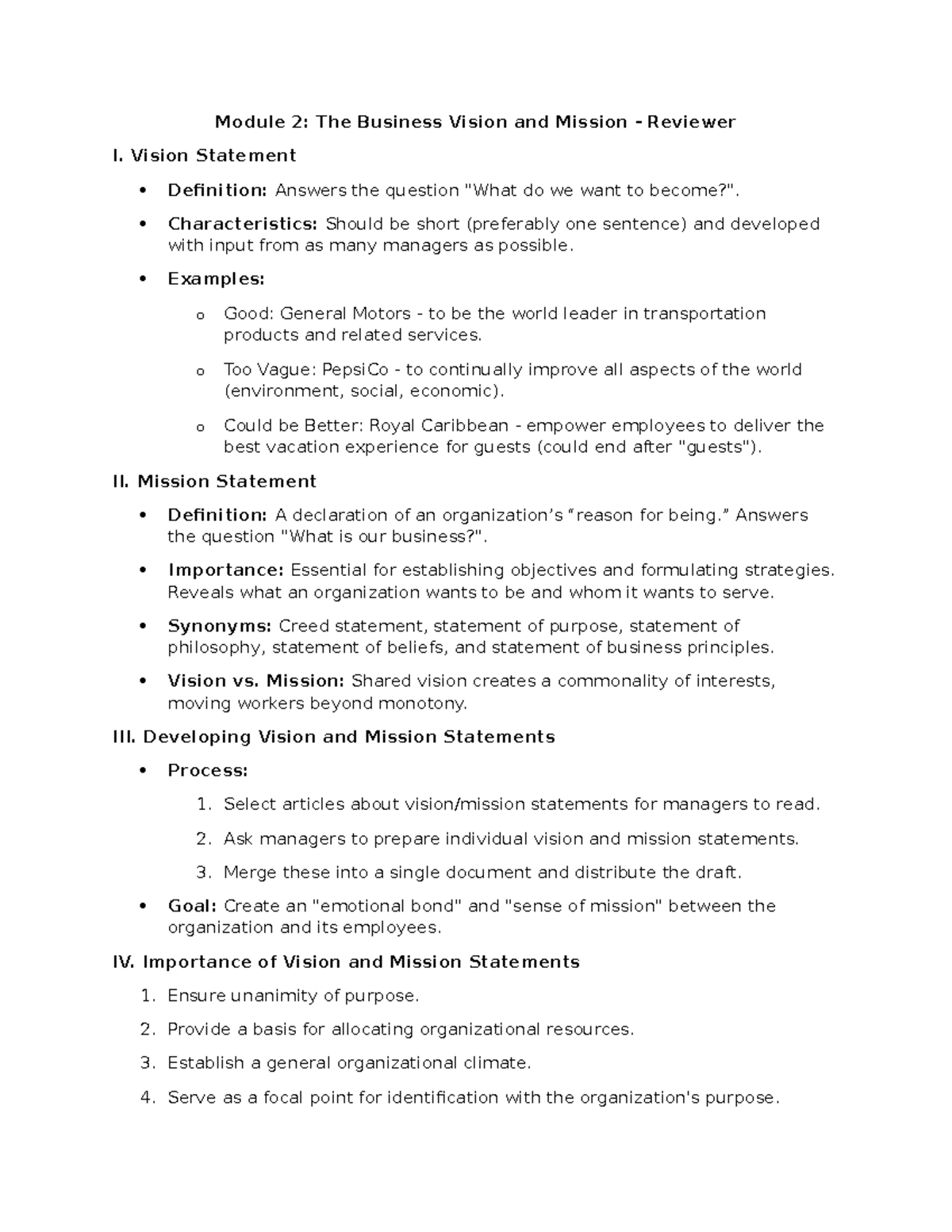 Module 2: Business Vision & Mission Overview and Key Insights - Studocu