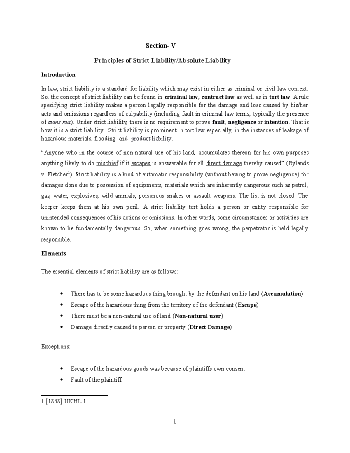 Strict Liability Principles in Tort Law (LAW 202) - Studocu