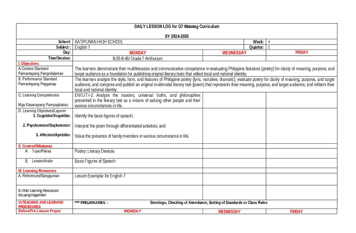 Grade 7 English DLL - Lesson Plan on Poetry & Literary Devices - Studocu