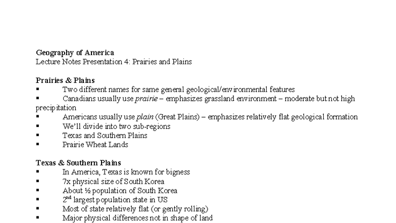 GA 101 Lecture 4 Notes: Prairies and Plains of America - Studocu