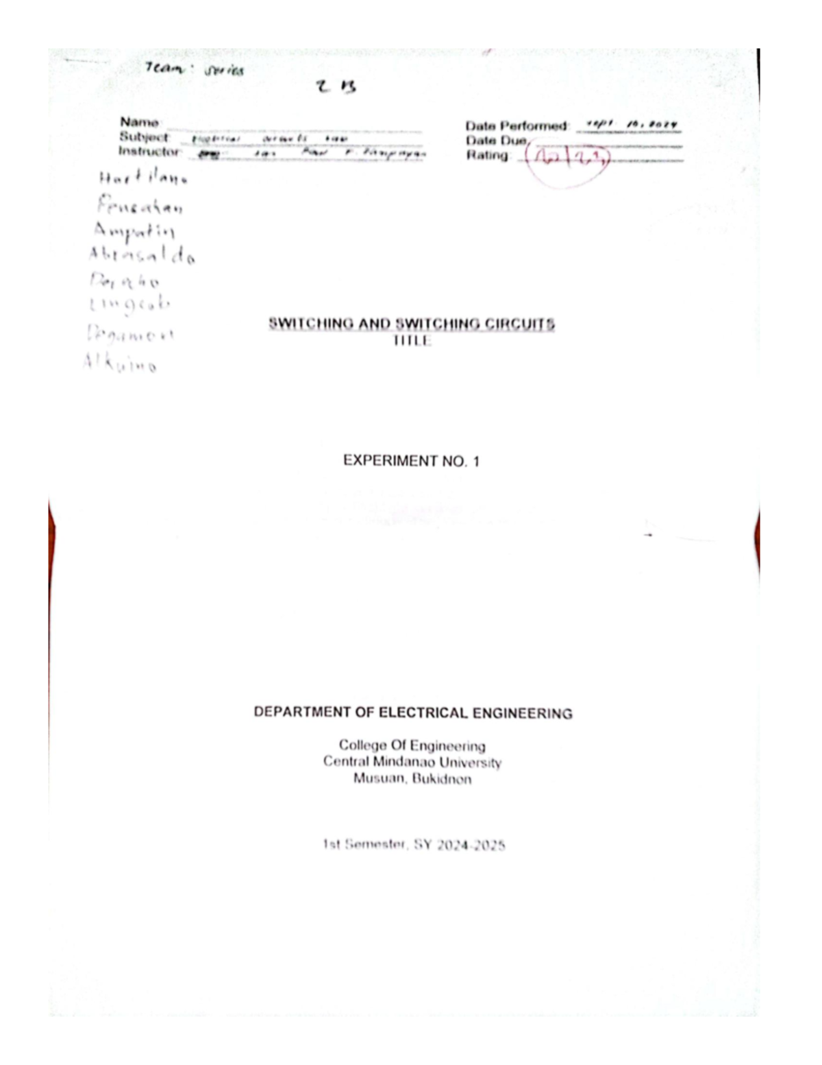Electrical Circuits LAB 1 TO 8 Compilations - Team series 213 Name Date ...