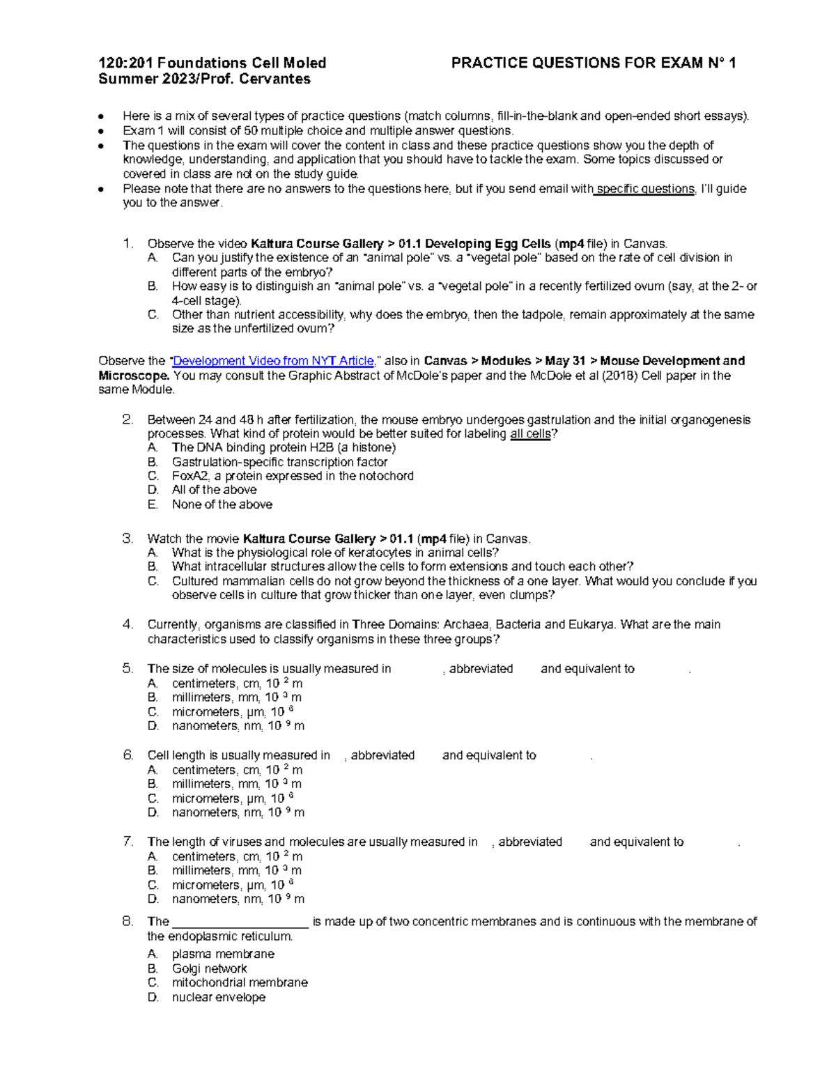 120-201 SU23 Foundations Cell Molecules Exam 1 Practice Questions - Studocu