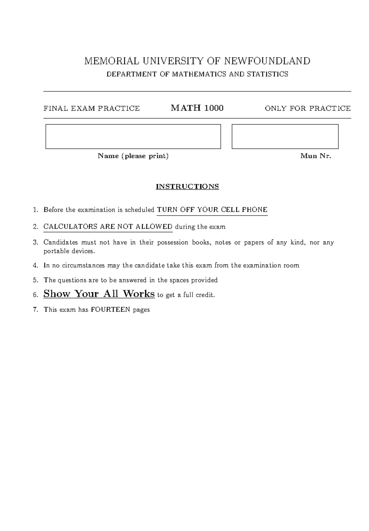 MATH 1000 Final Exam Practice Solutions - Studocu