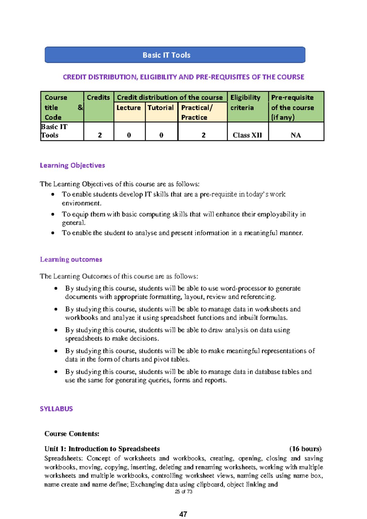 Basic IT Tools Course Syllabus and Learning Outcomes (Code: BIT101 ...