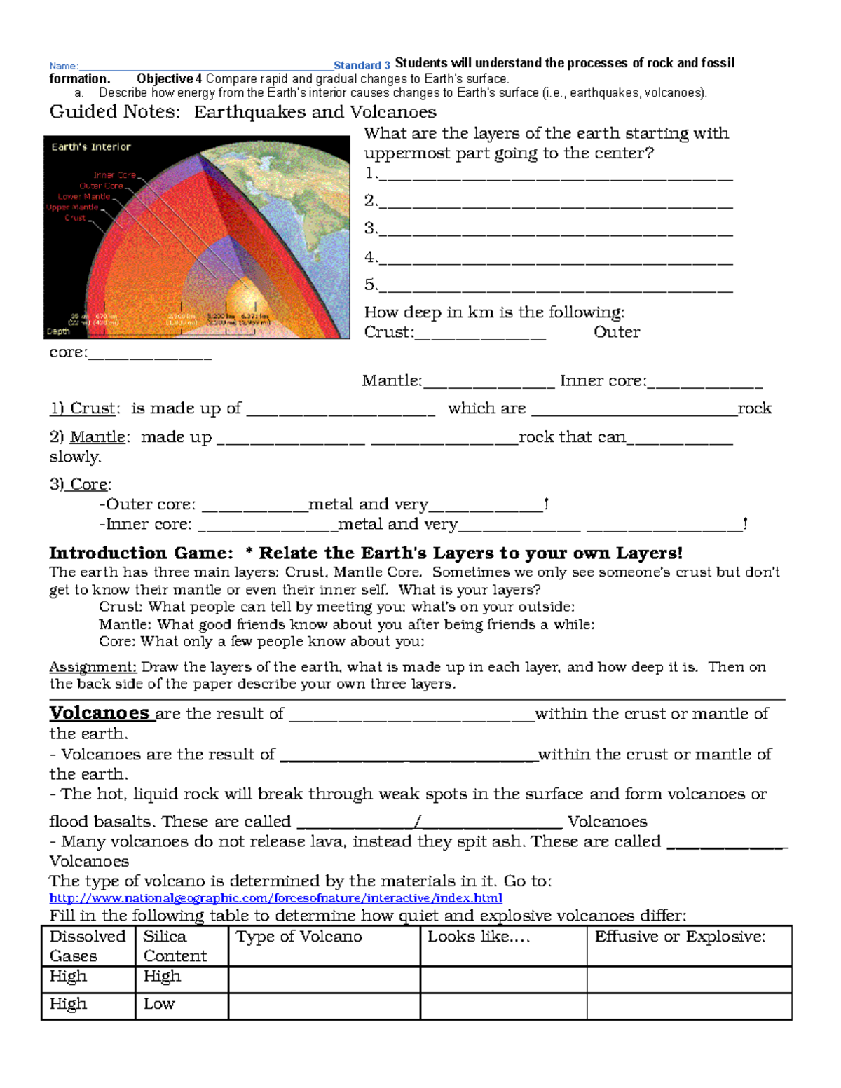 Earthquake and Volcano Guided Notes - Standard 3 Worksheet - Studocu
