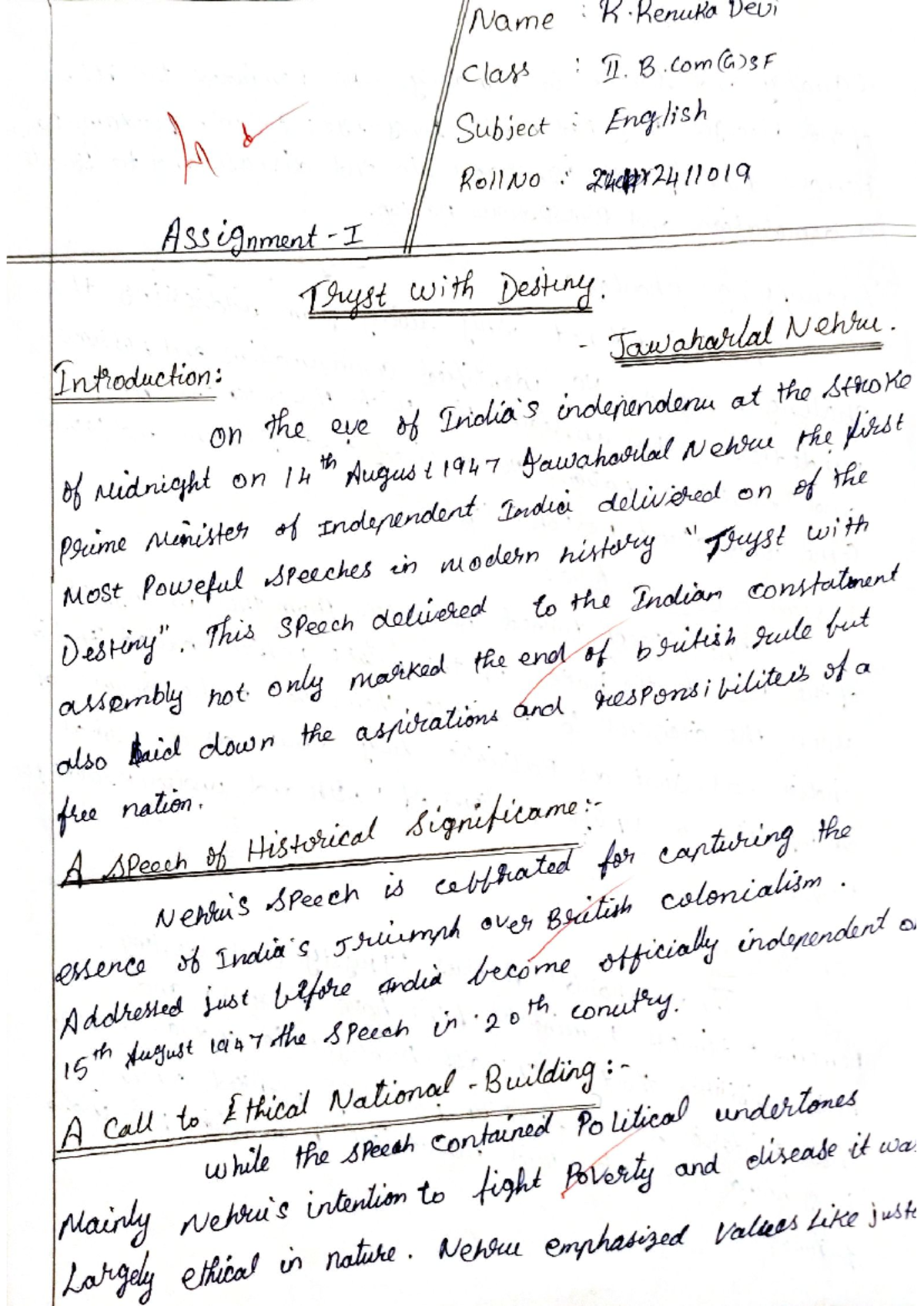 B.Com(G)SF II: Essay Notes on "Tryst with Destiny" by Nehru - Studocu