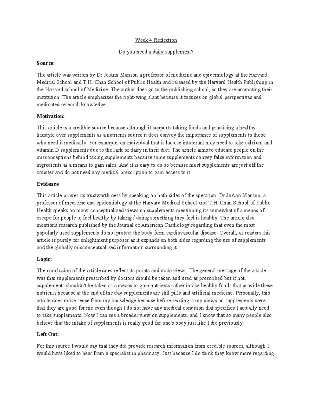 Week 4 Reflection - ewewyj - Week 4 Reflection Do you need a daily ...
