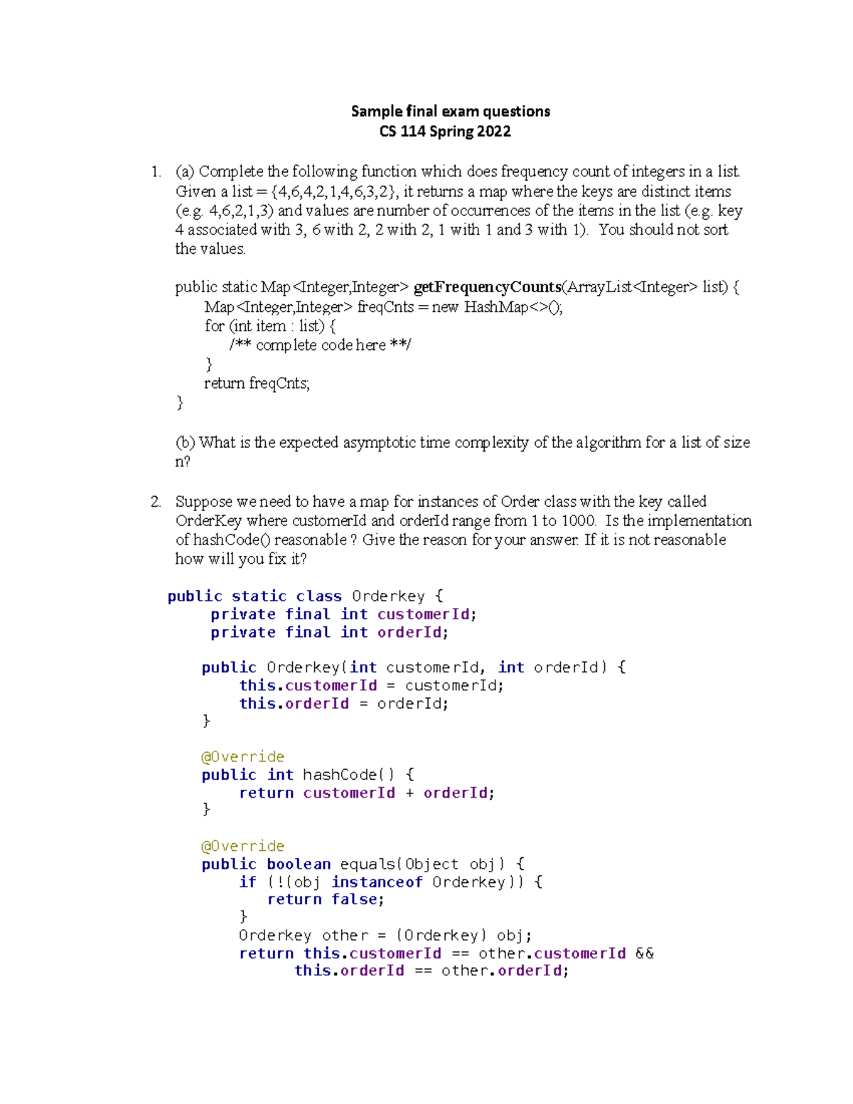 Sample Final Exam Questions for CS 114 Spring 2022 - Studocu