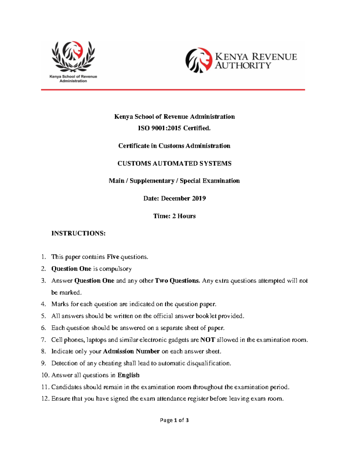 Customs Automated Systems Exam - Certificate in Customs Admin - Dec ...