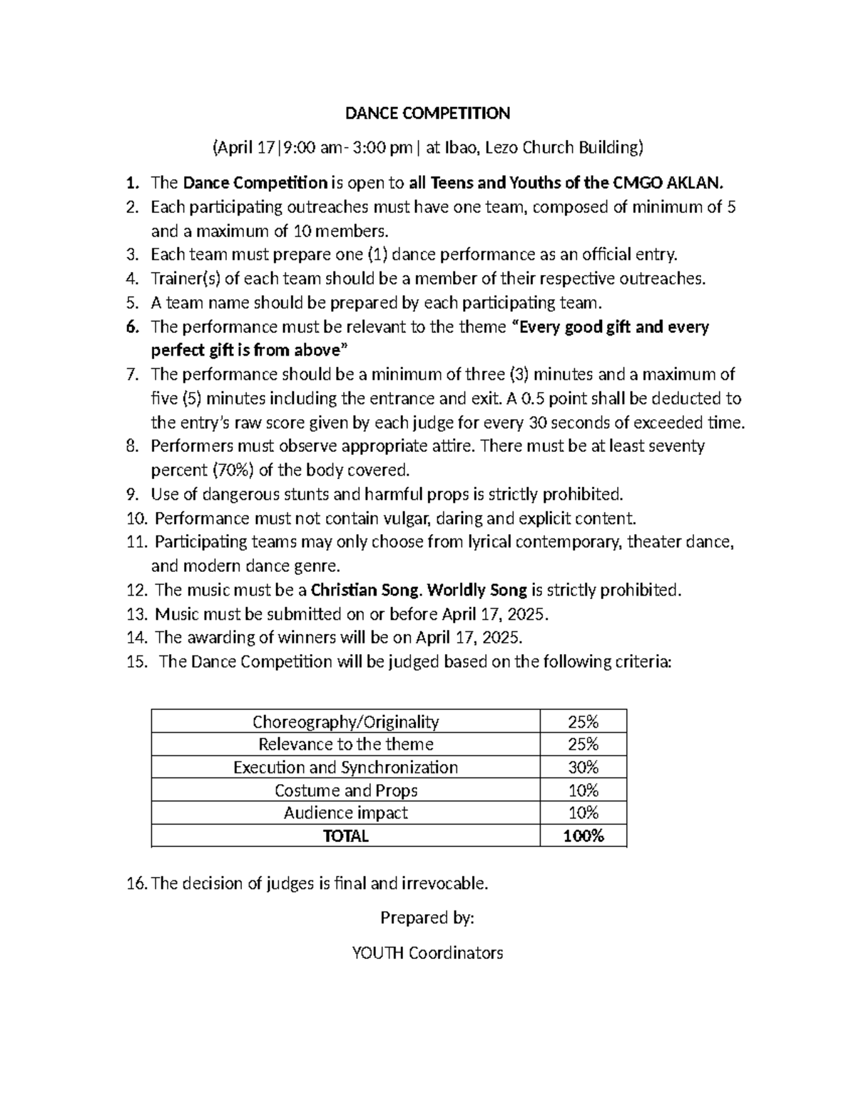 Dance Competition (rules and criteria) - DANCE COMPETITION (April 17|9: ...