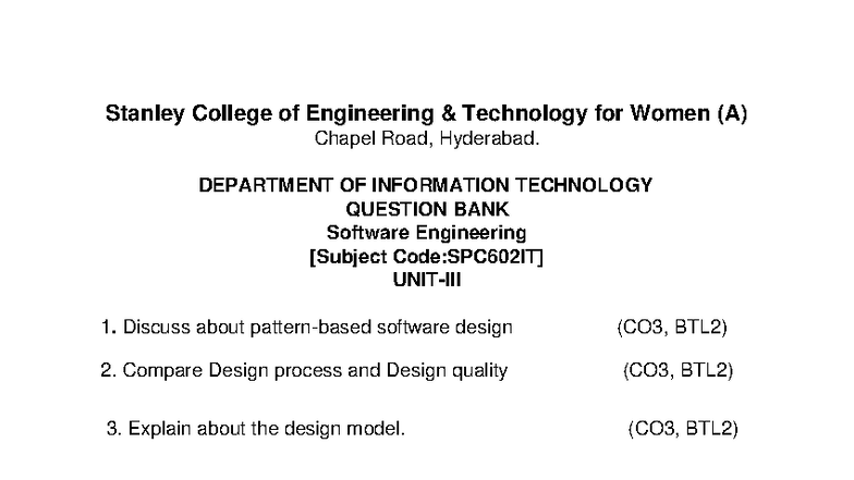 SE Question Bank: Software Engineering Concepts & Design (CO3, CO4 ...