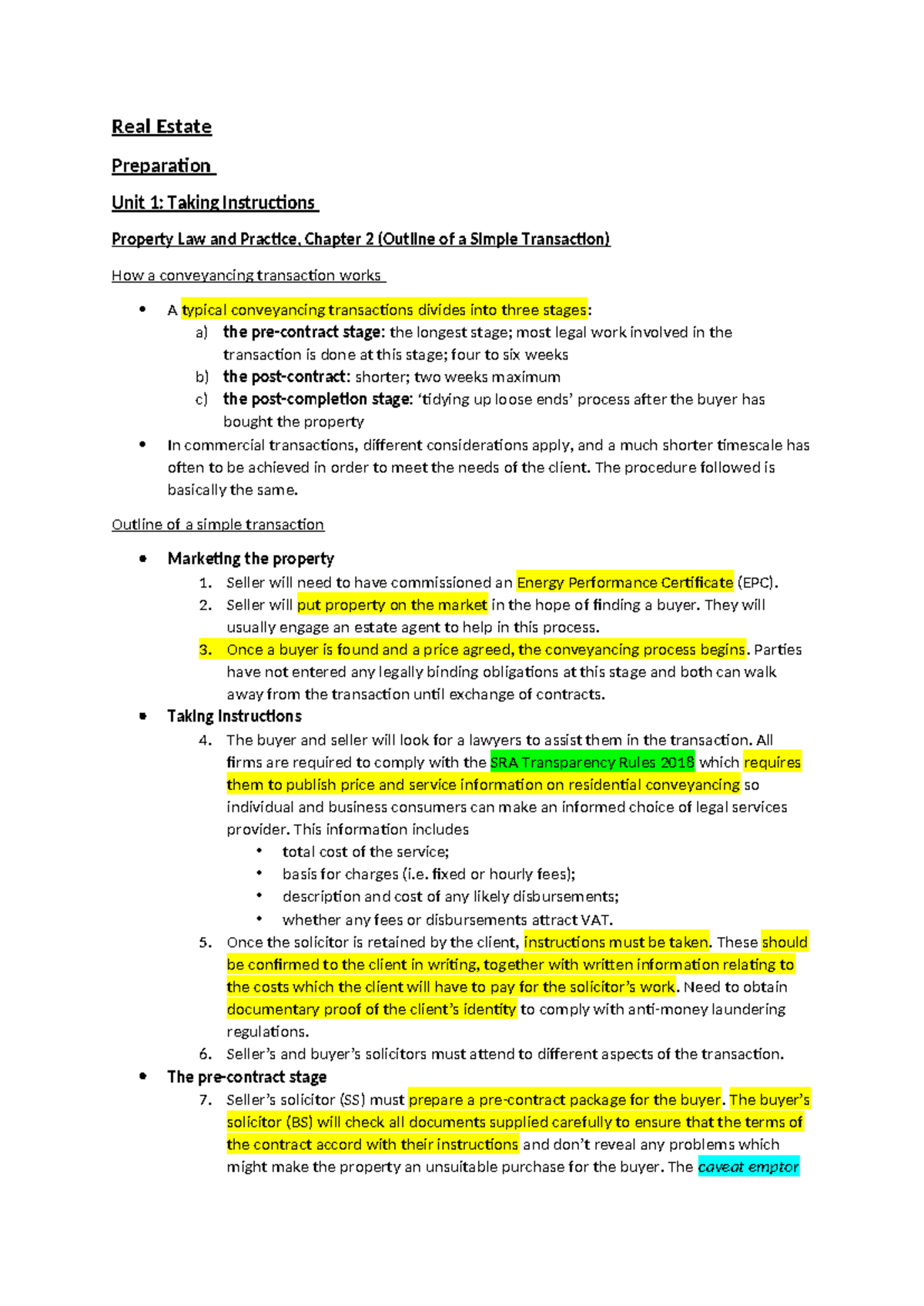 Real Estate Law Prep Notes: Unit 1 Conveyancing Process Overview - Studocu
