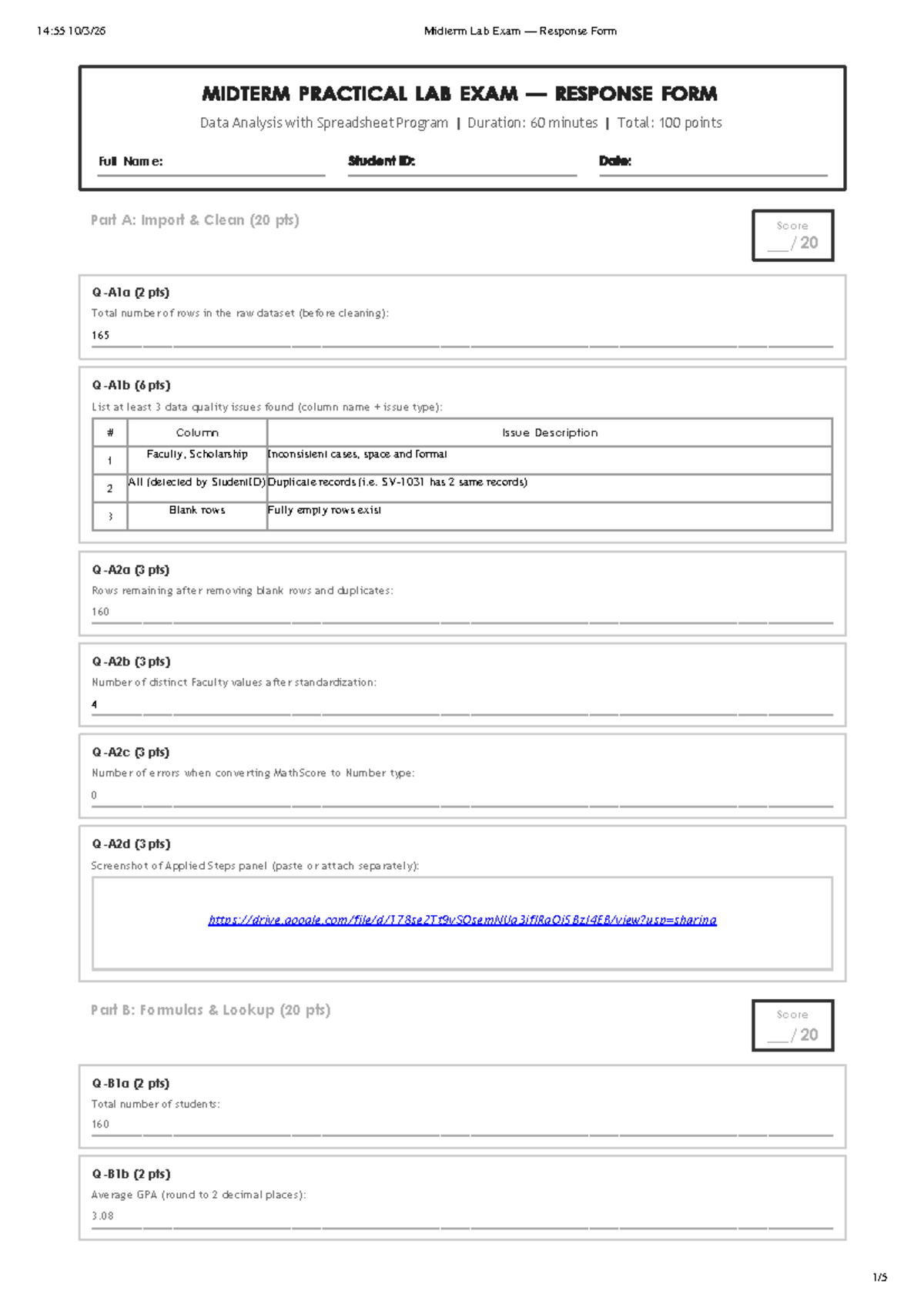 Midterm Lab Exam Response Form for Data Analysis with Spreadsheets ...