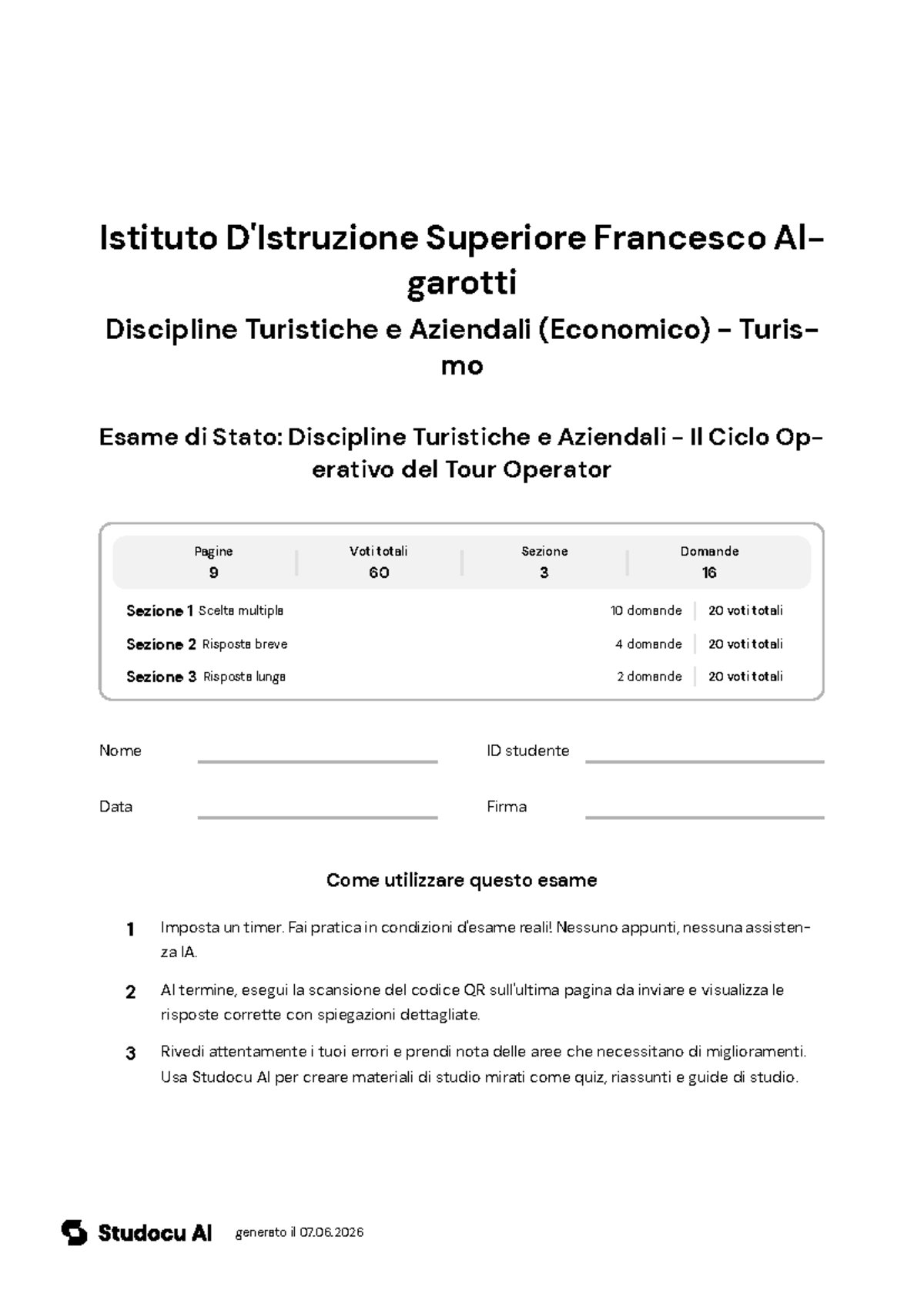 Simulazione Esame: Discipline Turistiche e Aziendali - Studocu
