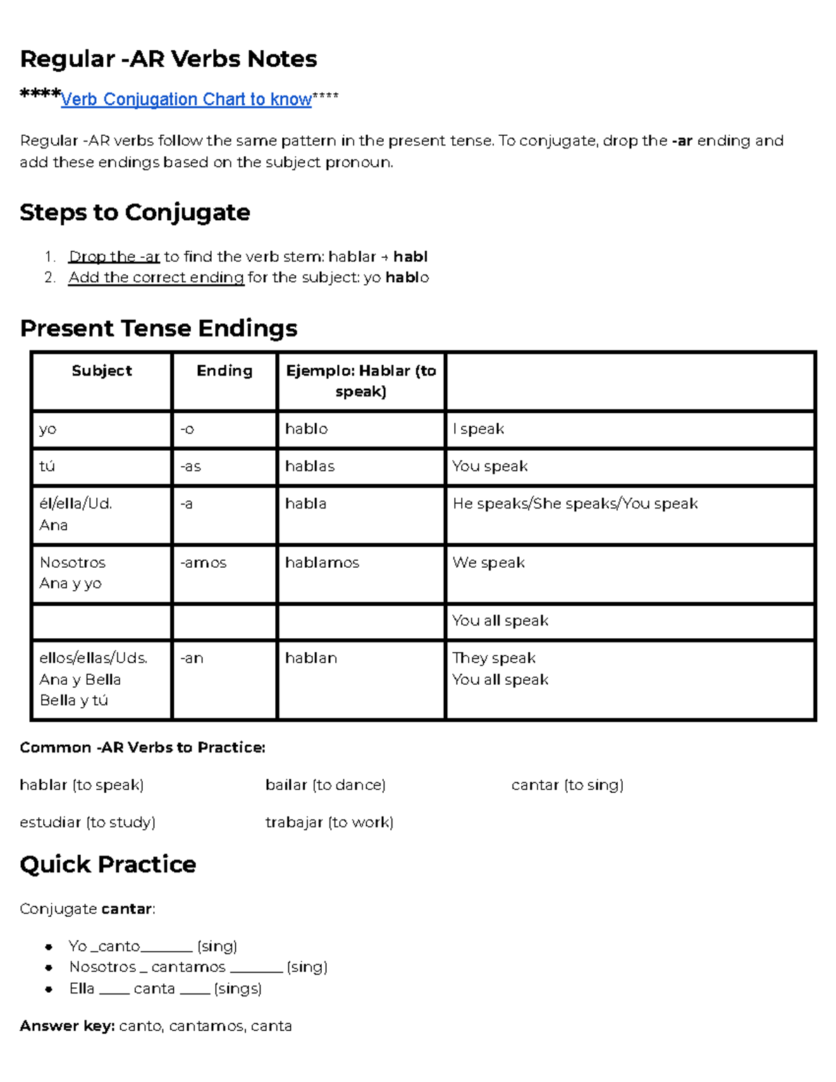 Spanish Notes: Regular Verbs Conjugation Chart (Final Exam) - Studocu