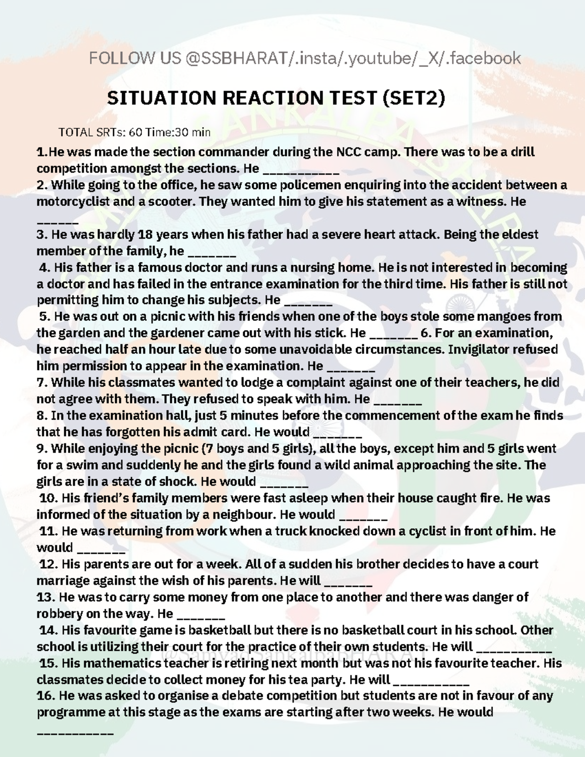 SRT SET 02 - Follow Us Situation Reaction Test (Total: 60) - Studocu