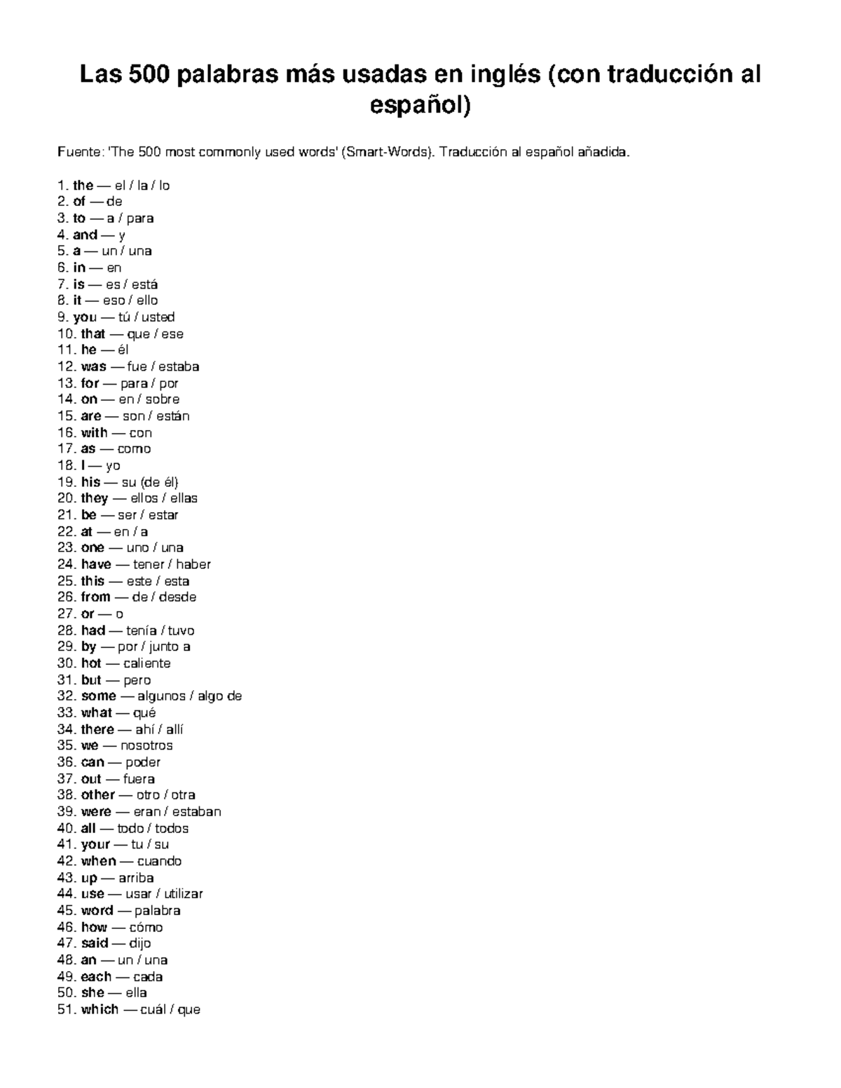 500 Palabras Más Usadas en Inglés con Traducción al Español - Studocu