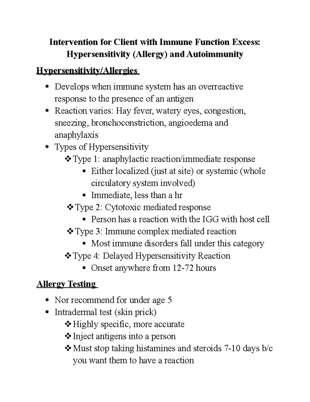 Intervention Strategies for Immune Function Excess: Hypersensitivity ...