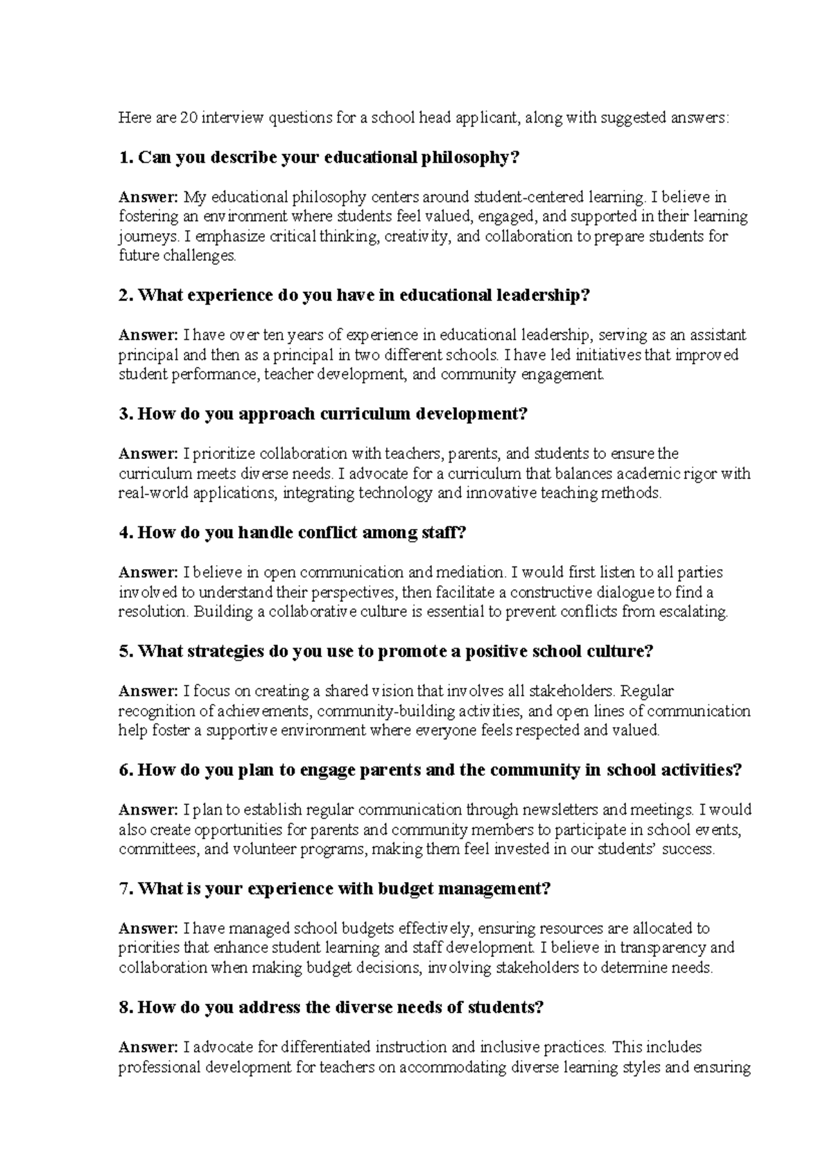 Interview Questions for School Head Applicants: Strategies & Insights ...