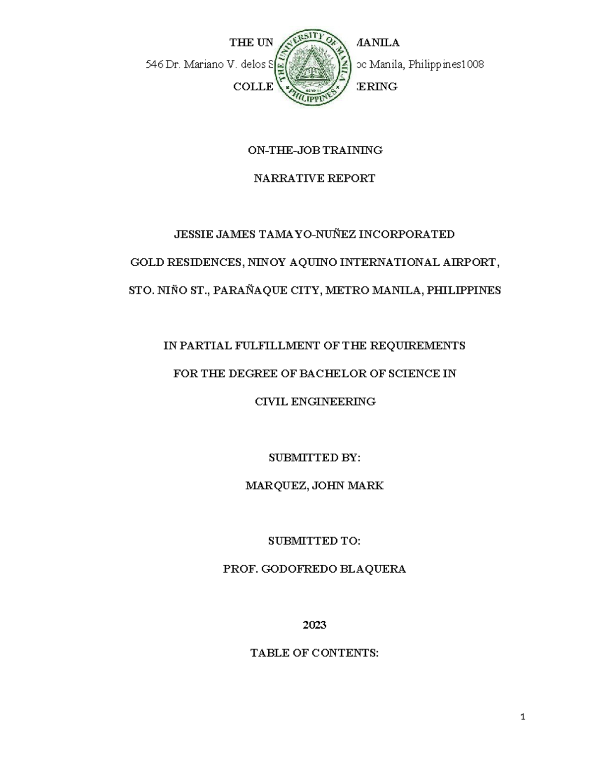 OJT Narrative Report for BS Civil Engineering - University of Manila ...