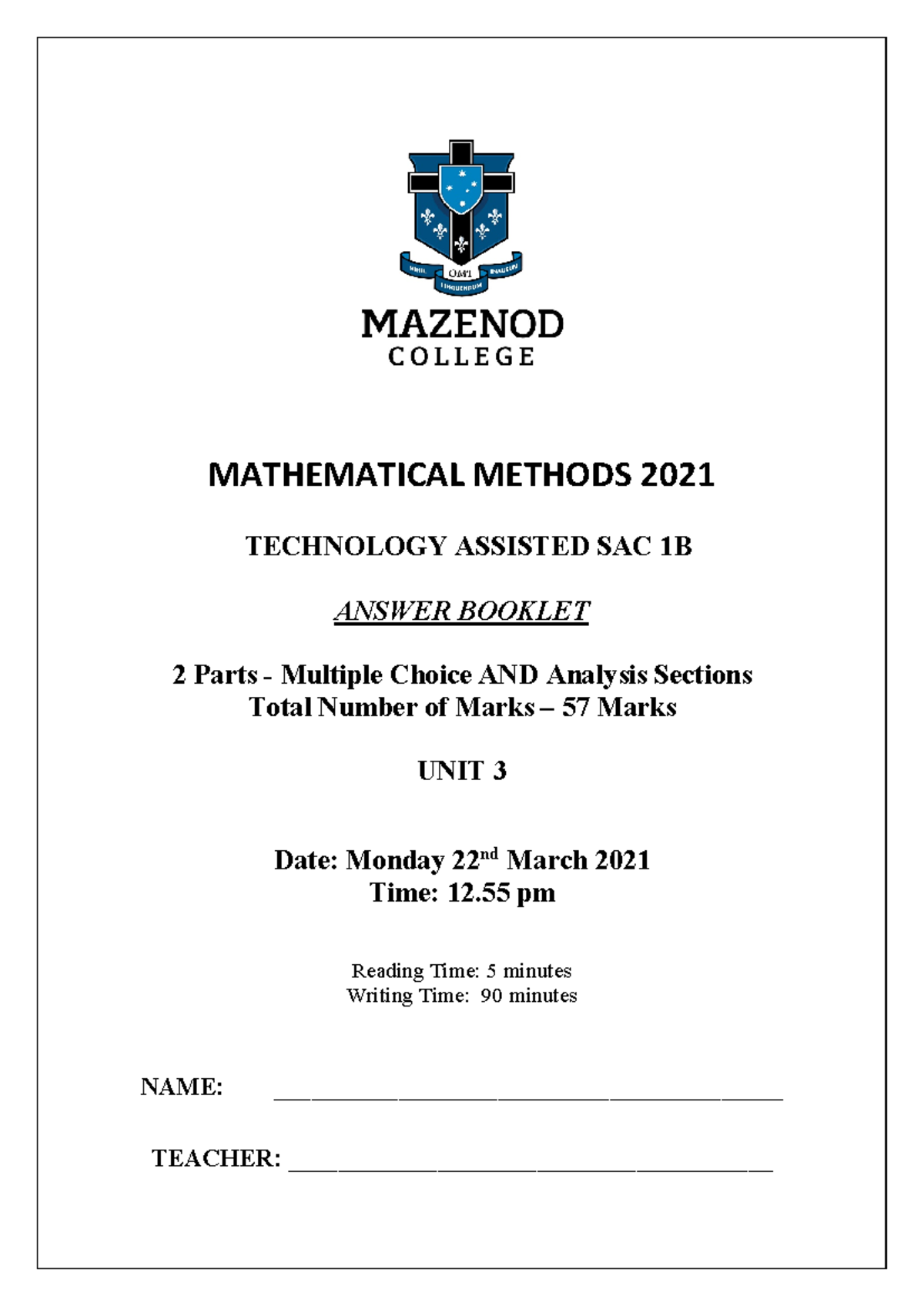 MATHEMATICAL METHODS 2021 SAC 1B - ANSWER BOOKLET & ANALYSIS - Studocu