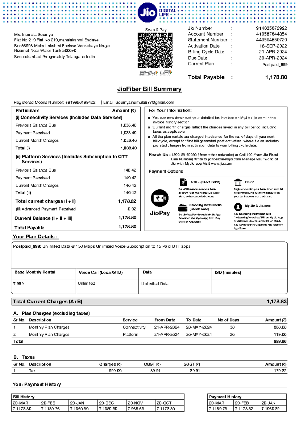 Jio internet Bill May Month - Ms. Inumala Soumya Flat No 210 Flat No ...