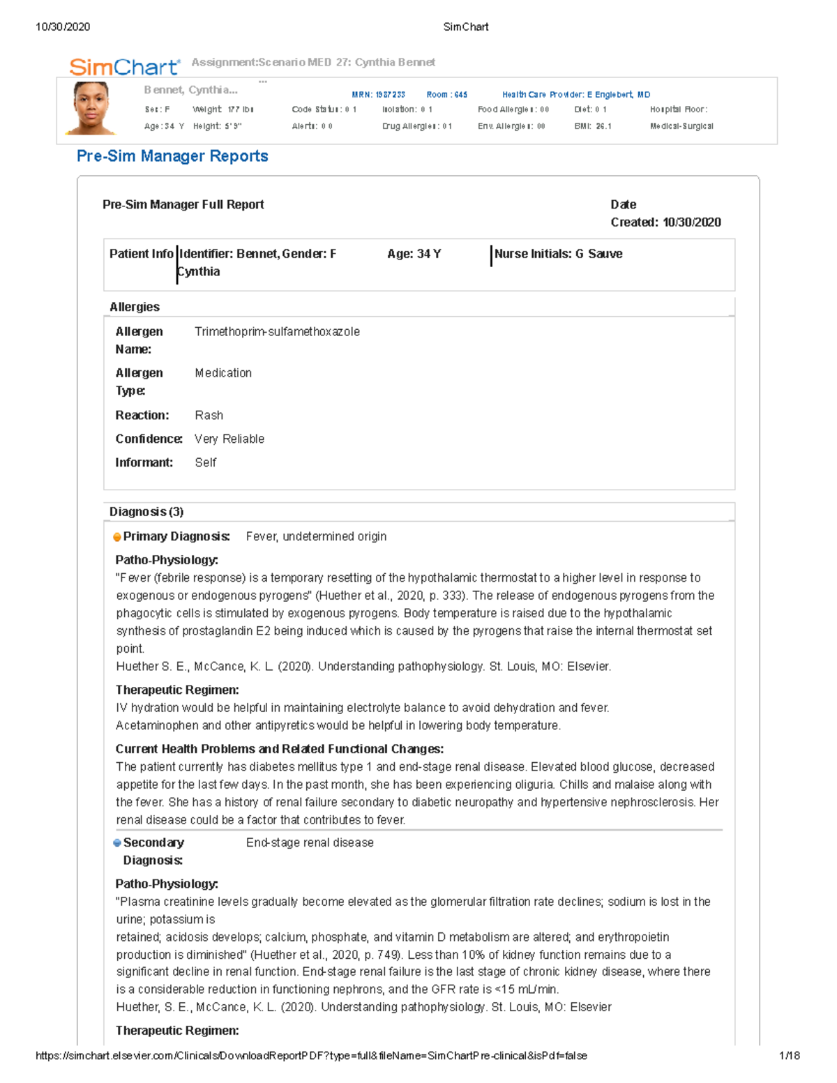 SimChart Assignment: Patient Scenario MED 27 - Cynthia Bennet Analysis ...