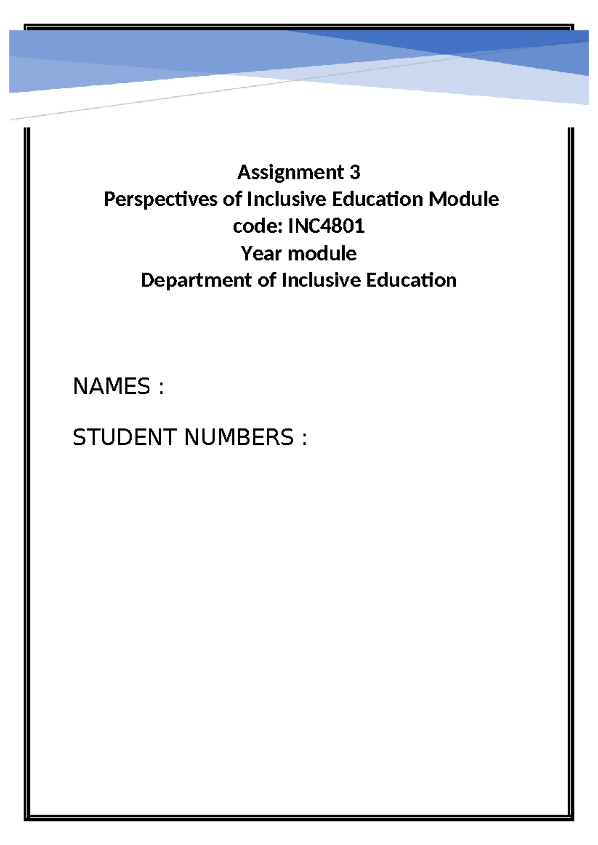 INC4801 Assignment 3: Perspectives on Inclusive Education - Studocu