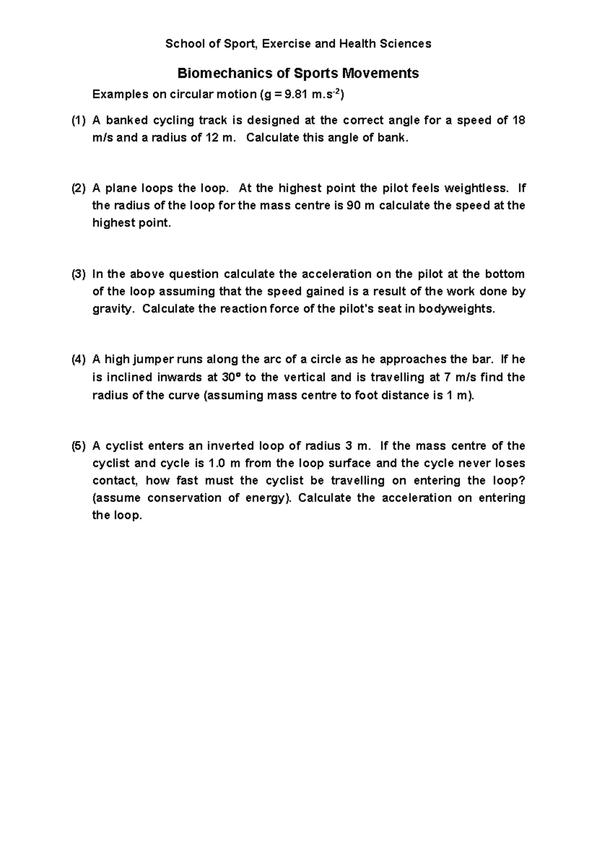 Biomechanics of Sports Movements: Tutorial Sheet 7 Answers - Studocu