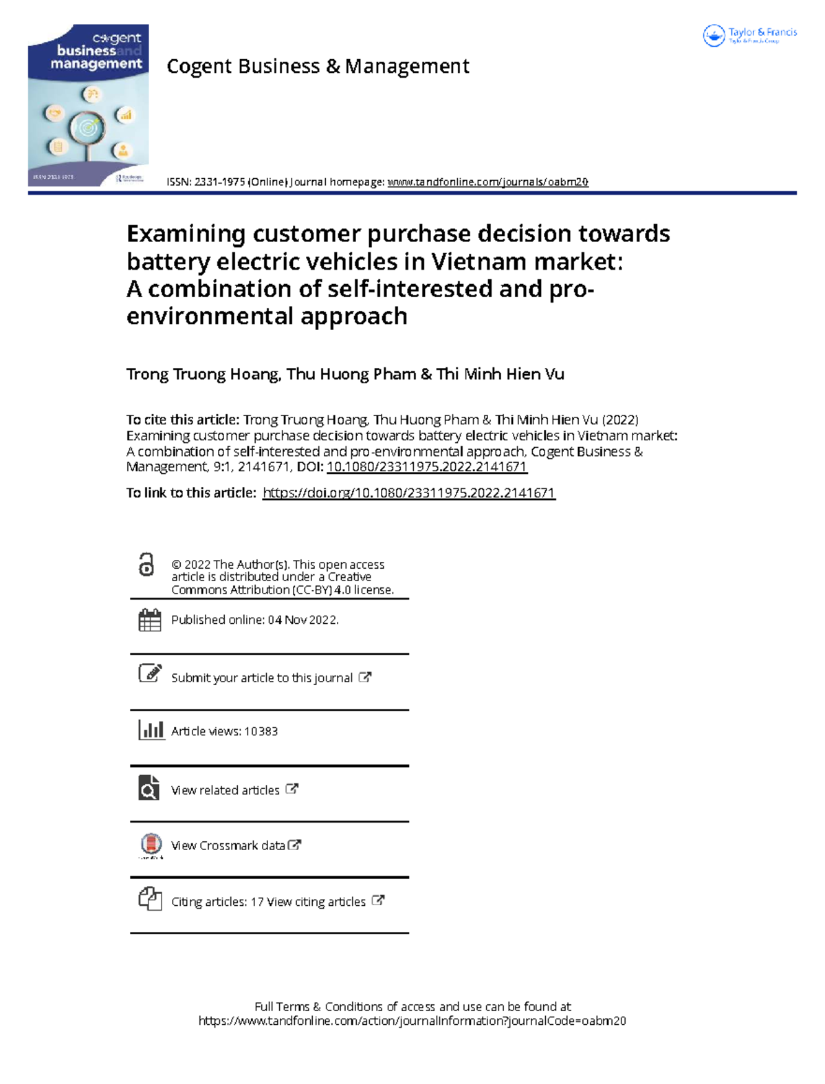 Examining Customer Purchase Decisions for BEVs in Vietnam: A UTAUT ...