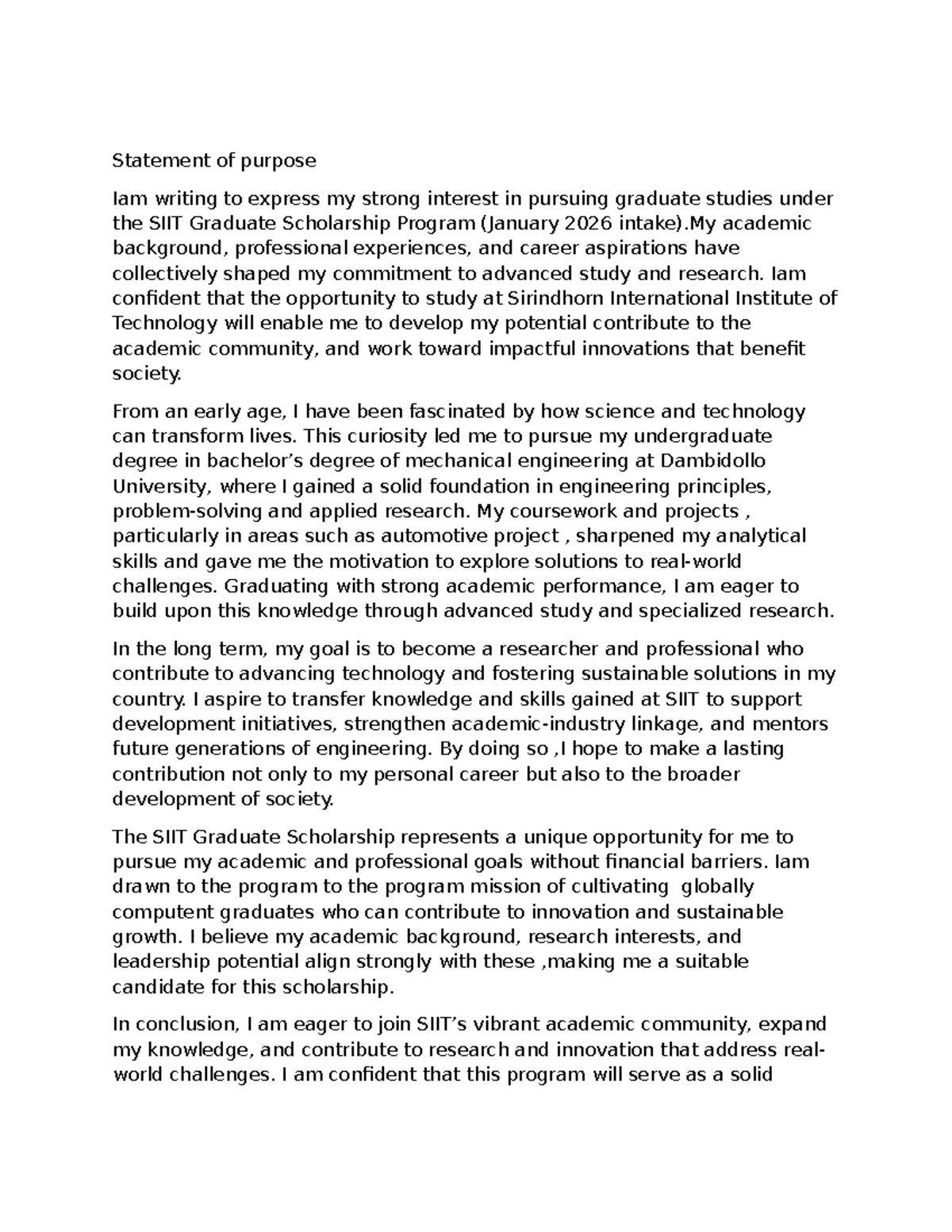 SIIT Graduate Scholarship Personal Statement for Jan 2026 Intake - Studocu