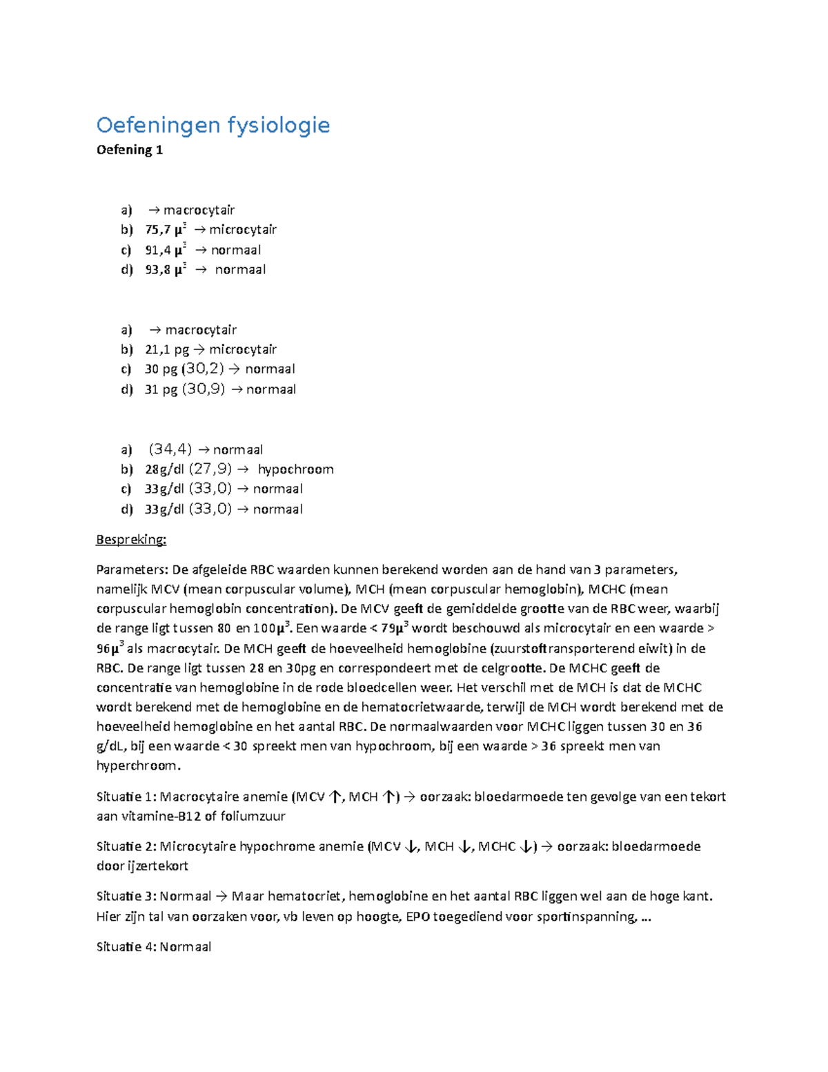 Oefeningen Fysiologie 1: Anemie & Gasdruk, Parameters en Besprekingen ...