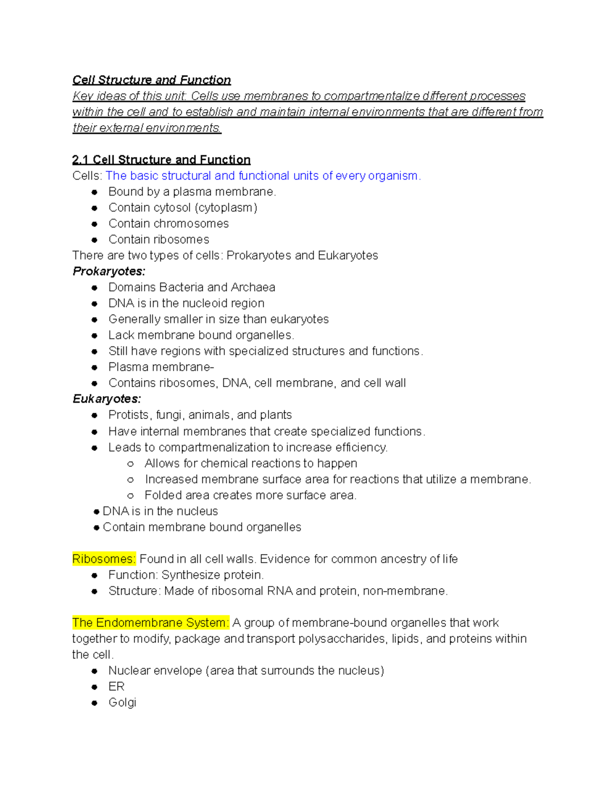 AP Bio Unit 2: Cell Structure and Function Overview - Studocu