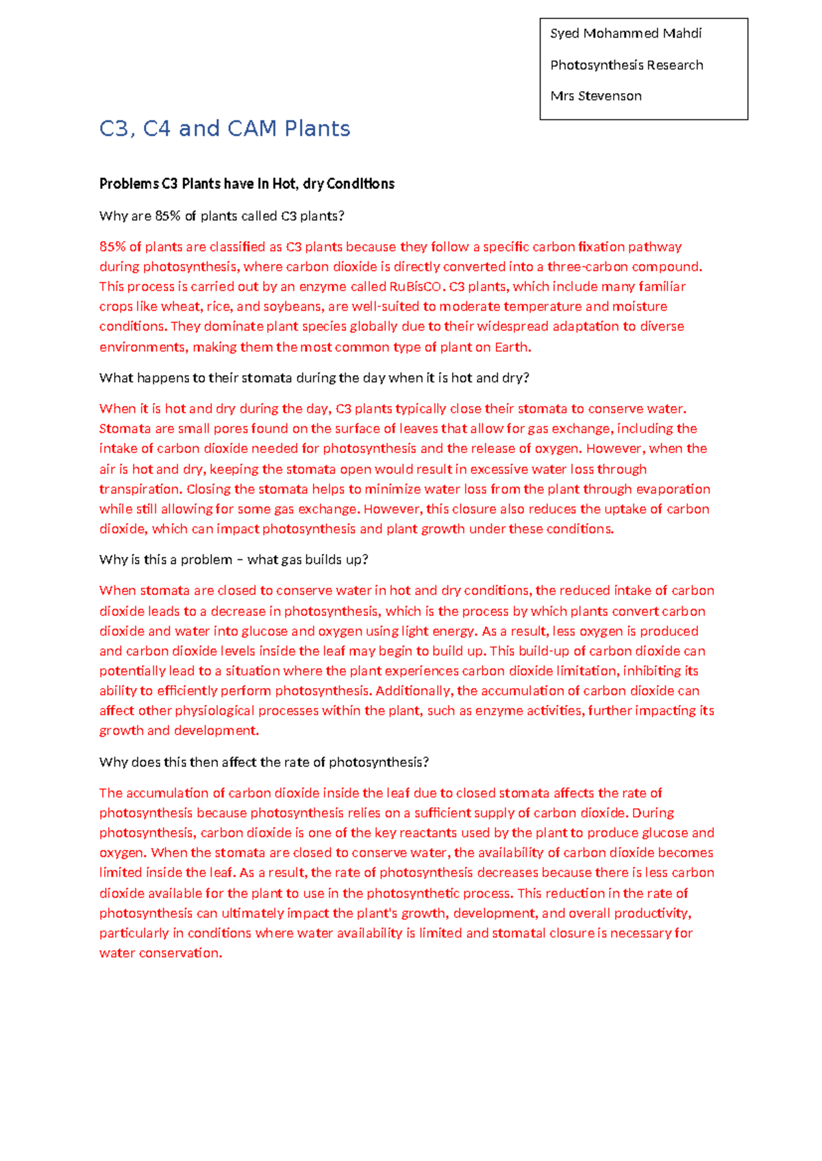 C3, C4, and CAM Plants - Photosynthesis Adaptations and Challenges ...