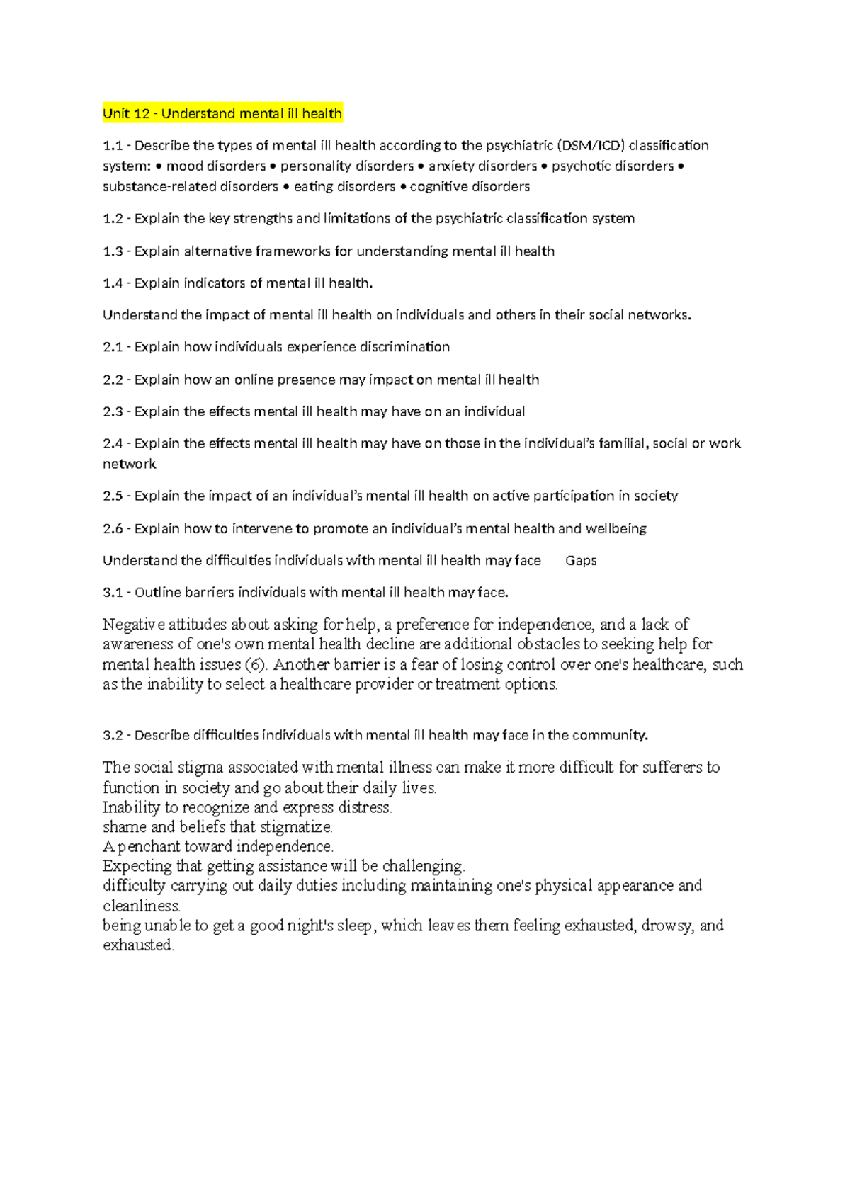 Unit 12 & 13 - Understanding Mental Ill Health and Health Promotion ...