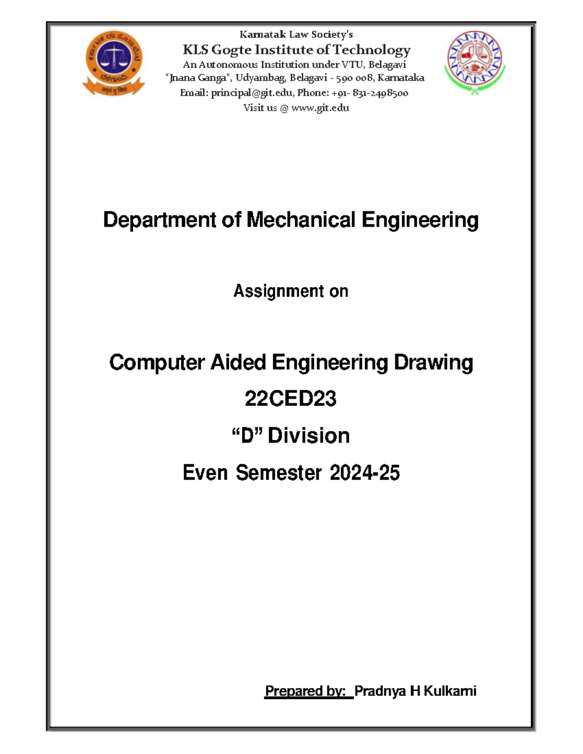 Assignment on Computer Aided Engineering Drawing 22CED23 - Studocu