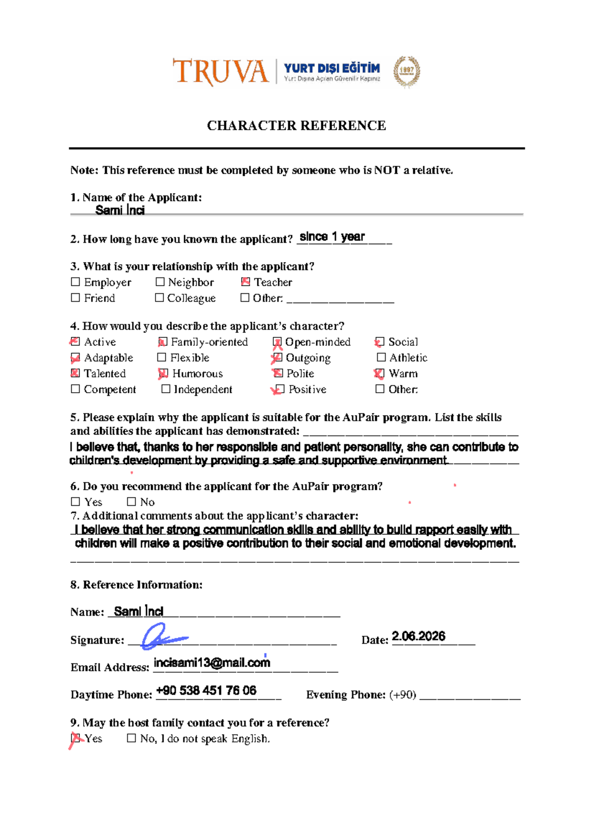 AuPair Program Character Reference Form - Studocu